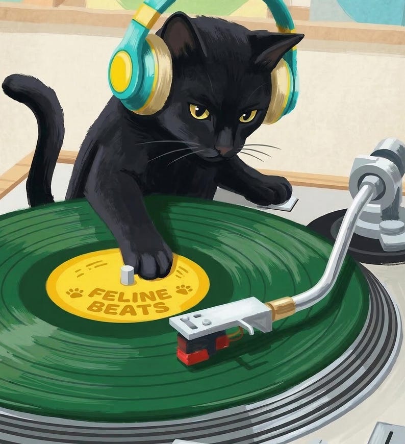 DJ Cat Vinyl Record Art Print – Retro Music Lover Poster, Funny Black ...