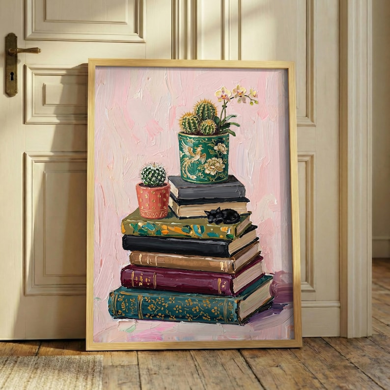 Book Stack Cat Print – Sleeping Black Cat Art, Cactus Plant Poster ...