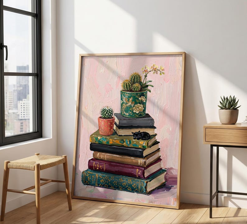 Book Stack Cat Print – Sleeping Black Cat Art, Cactus Plant Poster ...