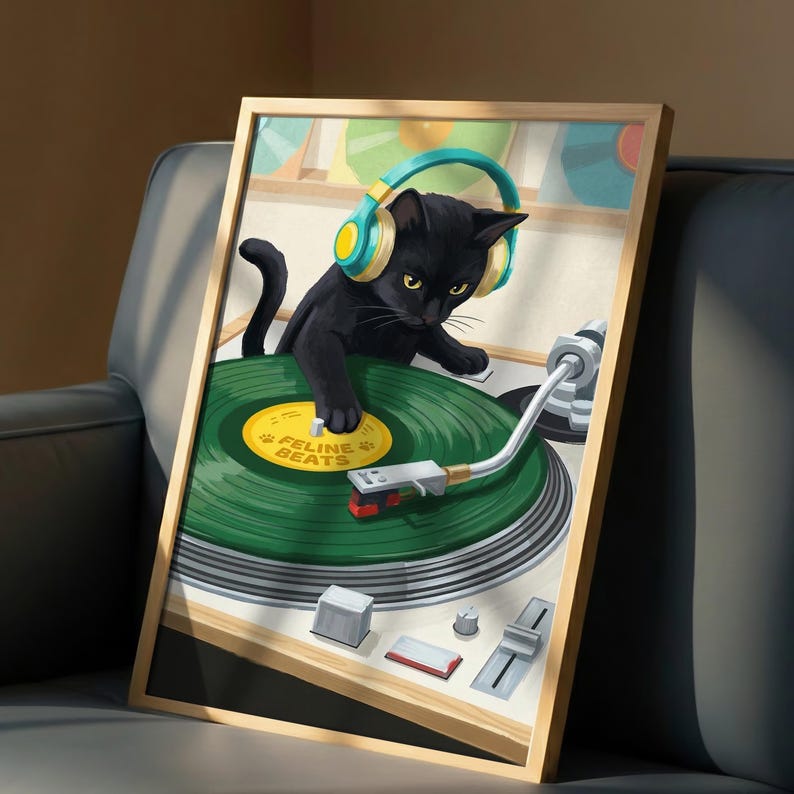 DJ Cat Vinyl Record Art Print – Retro Music Lover Poster, Funny Black ...