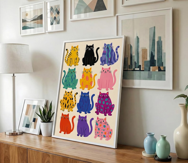 Colorful Cats Print – Kitsch Animal Pattern Wall Art, Aesthetic ...