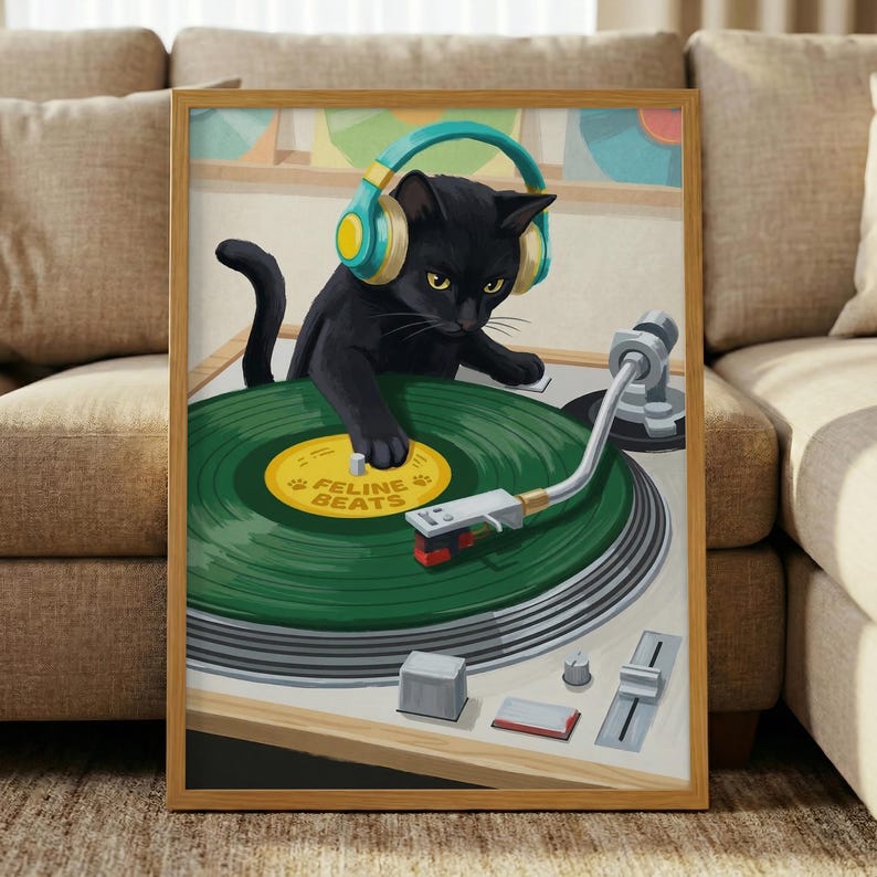 DJ Cat Vinyl Record Art Print – Retro Music Lover Poster, Funny Black ...