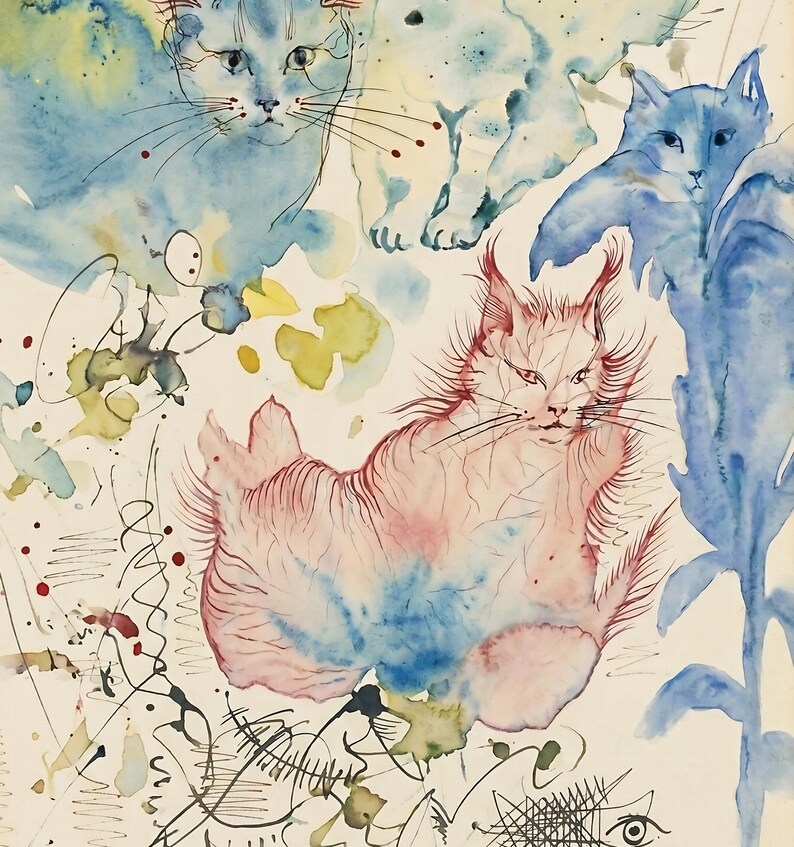 Surreal Cat Watercolor Print – Dali Inspired Wall Art, Vintage Floral ...
