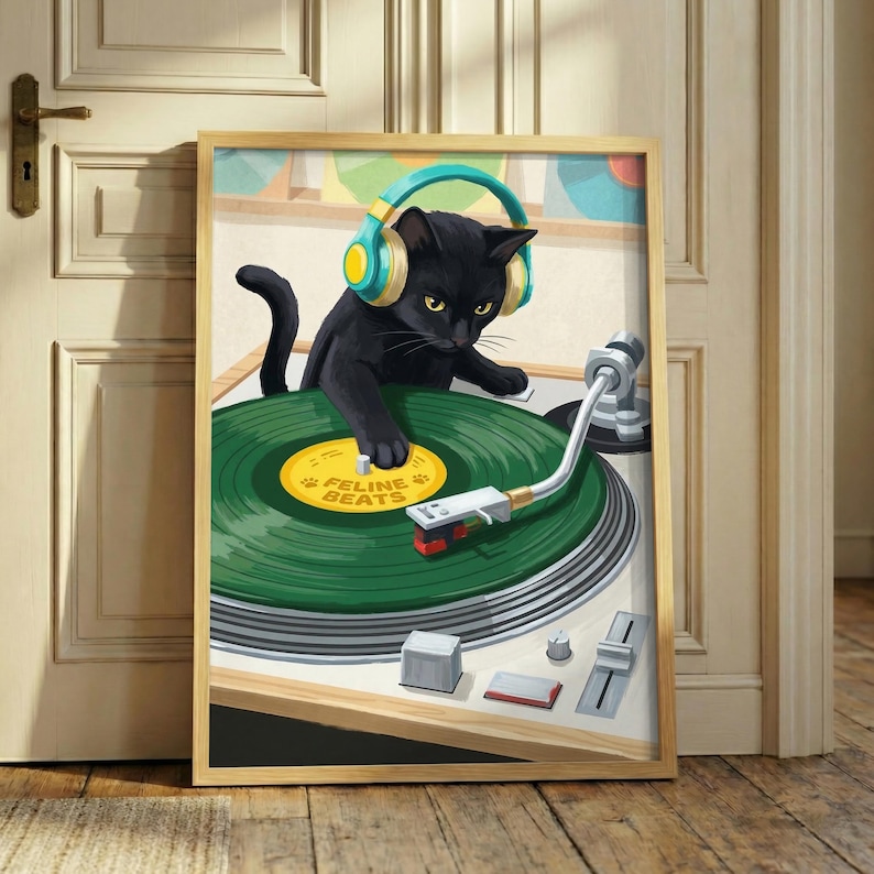 DJ Cat Vinyl Record Art Print – Retro Music Lover Poster, Funny Black ...