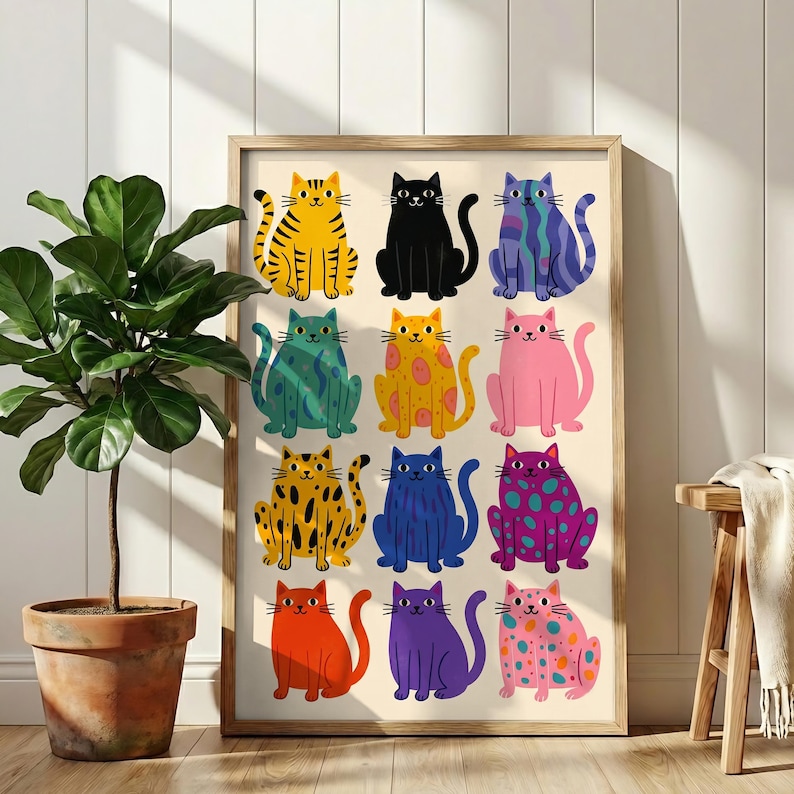 Colorful Cats Print – Kitsch Animal Pattern Wall Art, Aesthetic ...