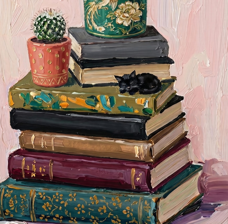 Book Stack Cat Print – Sleeping Black Cat Art, Cactus Plant Poster ...