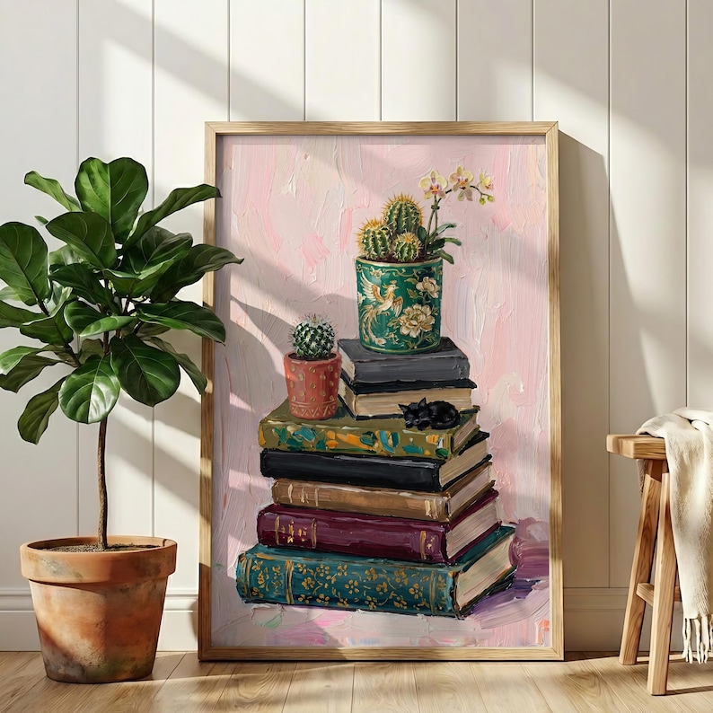 Book Stack Cat Print – Sleeping Black Cat Art, Cactus Plant Poster ...