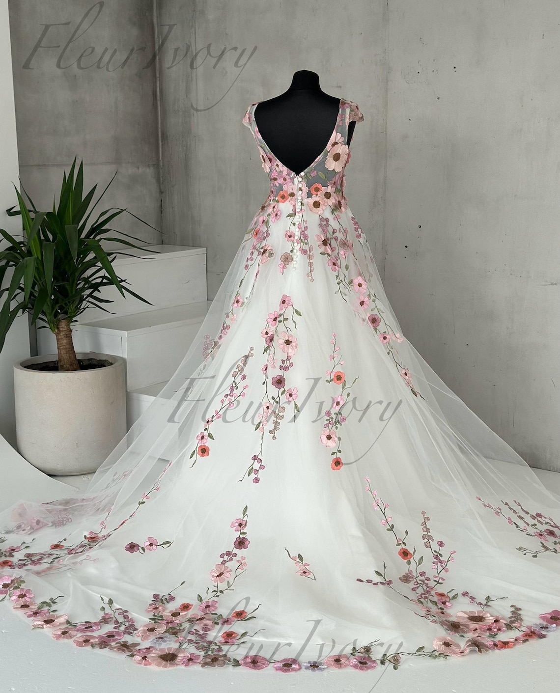 Cap Sleeve Wedding Dress Floral Wedding Dress Colorful Wedding Dress ...