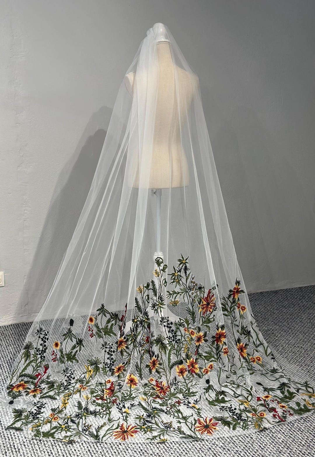 Colorful Veil Floral Wedding Veil Embroidery Veil Botanical Veil, Veil ...