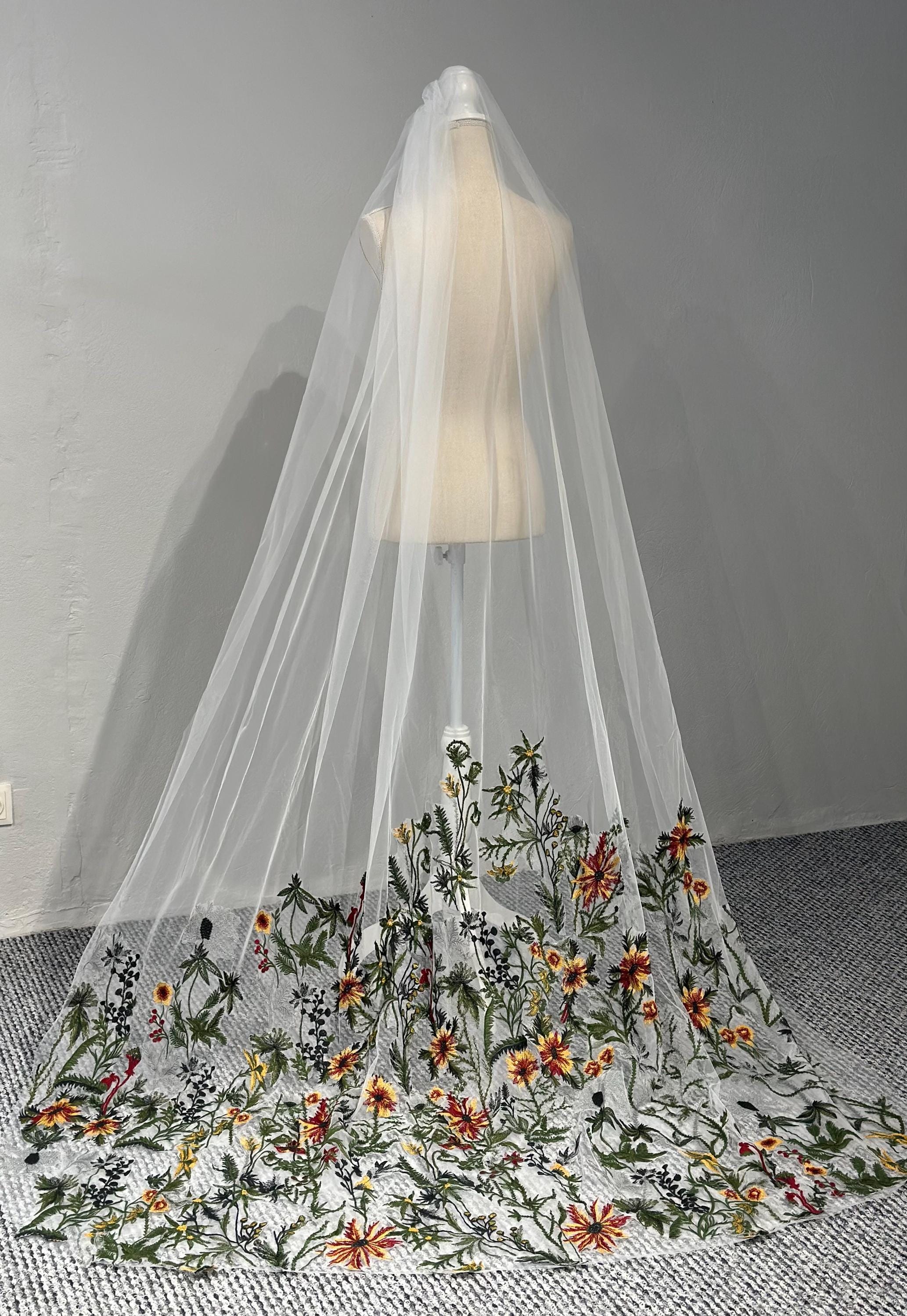 Colorful Veil Floral Wedding Veil Embroidery Veil Botanical Veil, Veil ...