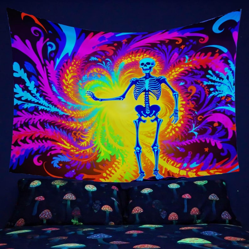 Skeleton Neon Glow Indoor Wall Tapestries, Wall Hangings, Home Decor ...