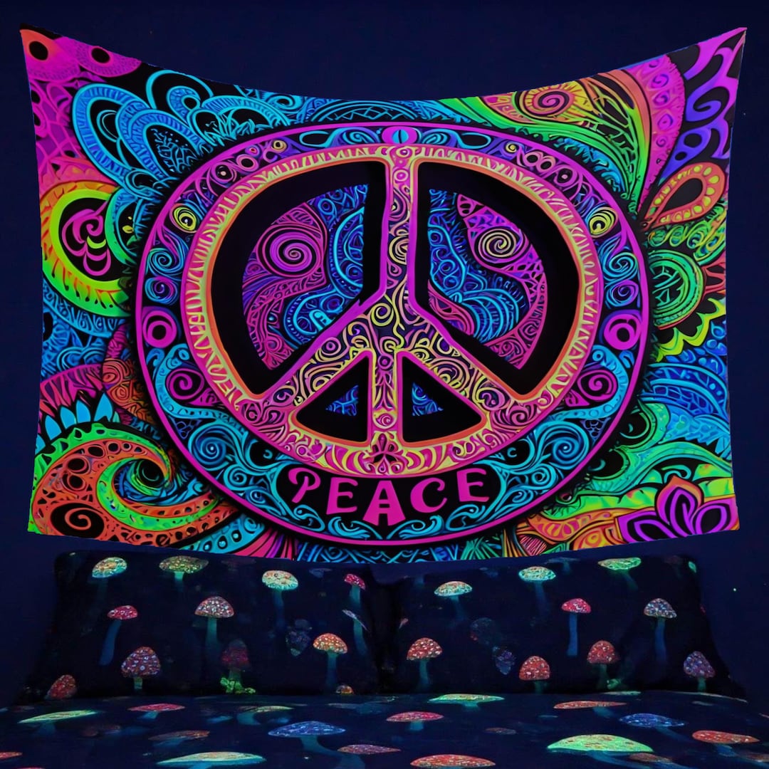 Hippie Peace Sign Indoor Wall Tapestries, Neon Colored Tapestry, Peace ...