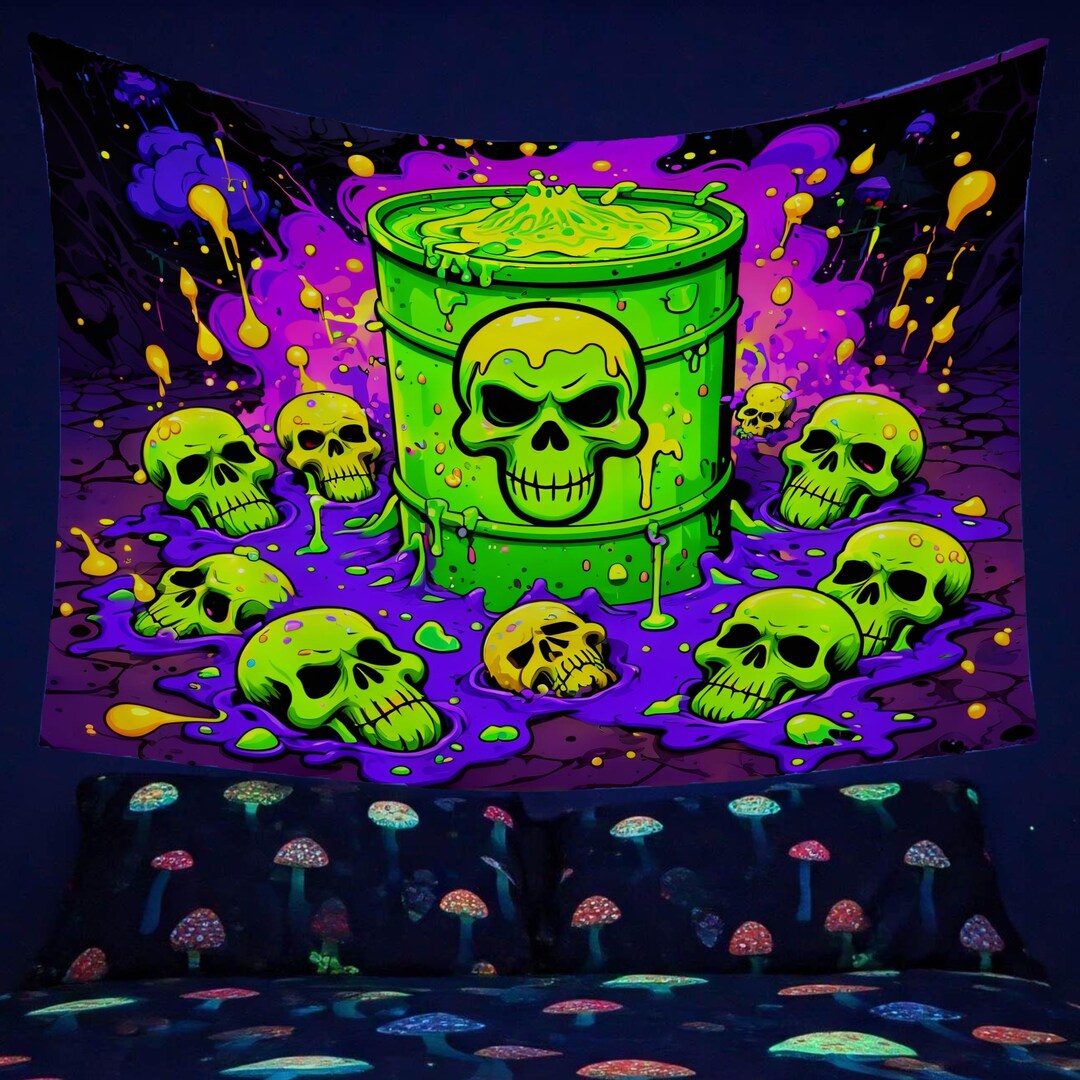 Neon Green Toxic Waste Barrel Indoor Wall Tapestries, Skulls Tapestry ...