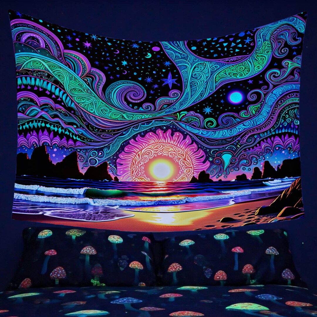 Blacklight Reactive Ocean Shoreline Tapestry, Abstract Indoor Wall Art ...