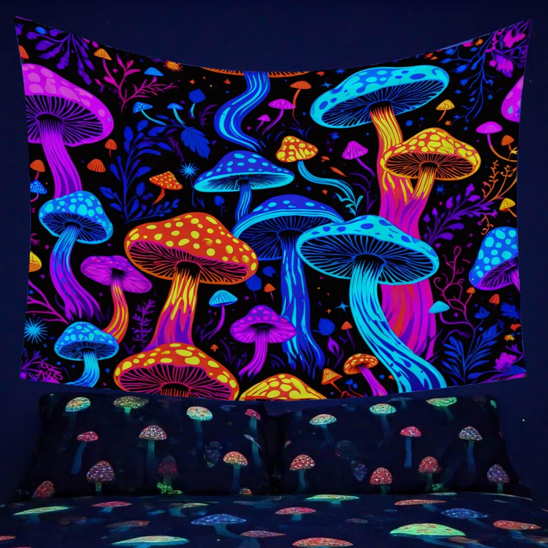 Neon Fungi Wall Art, Trippy Room Decor Glowing Mushroom Tapestry ...