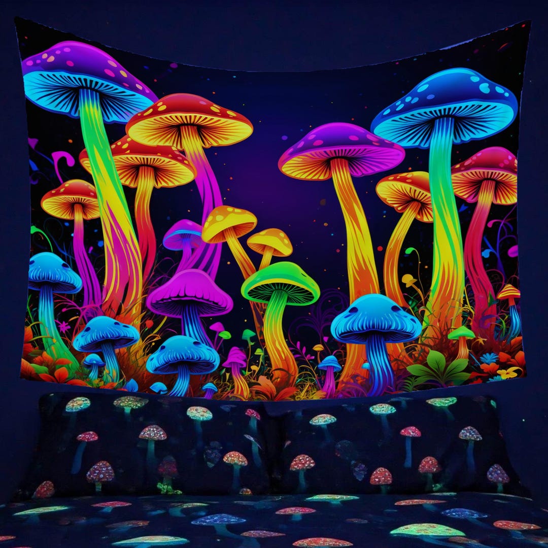 Glowing Mushroom Tapestry, Neon Fungi Wall Art, Psychedelic Home Decor ...