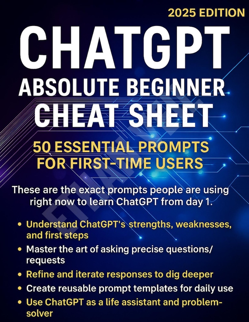Chatgpt Beginner Guide Cheat Sheet | 50 Starter Prompts PDF | Quick Start Tutorial | Instant ...