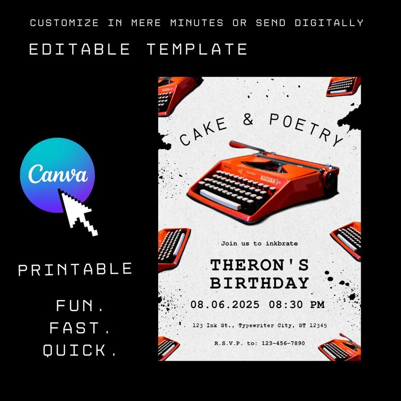Editable Author Writer Birthday Poem Party Invitation Typewriter Poetry ...