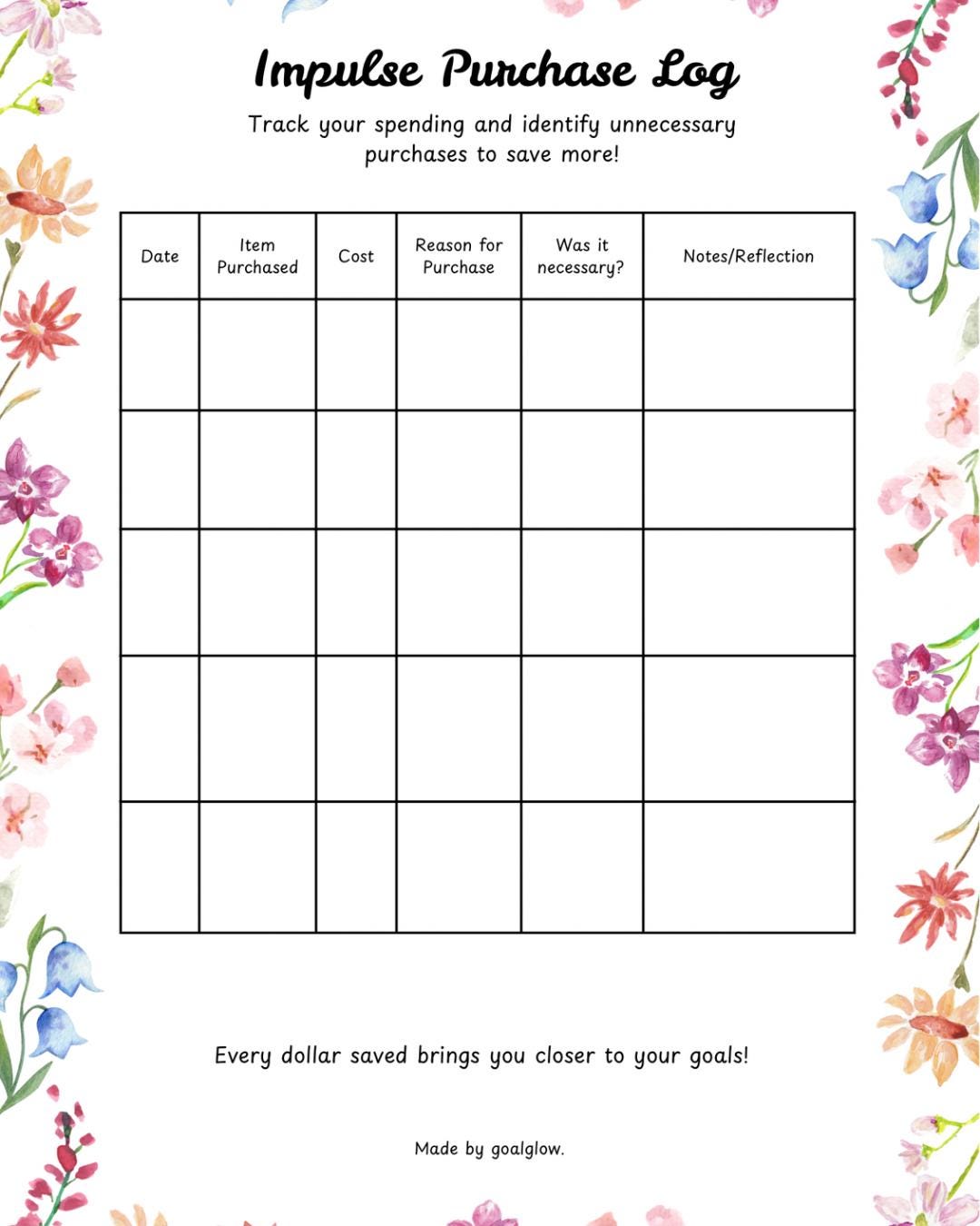 Impulse Purchase Log: Spending Tracker Printable (digital Download) - Etsy
