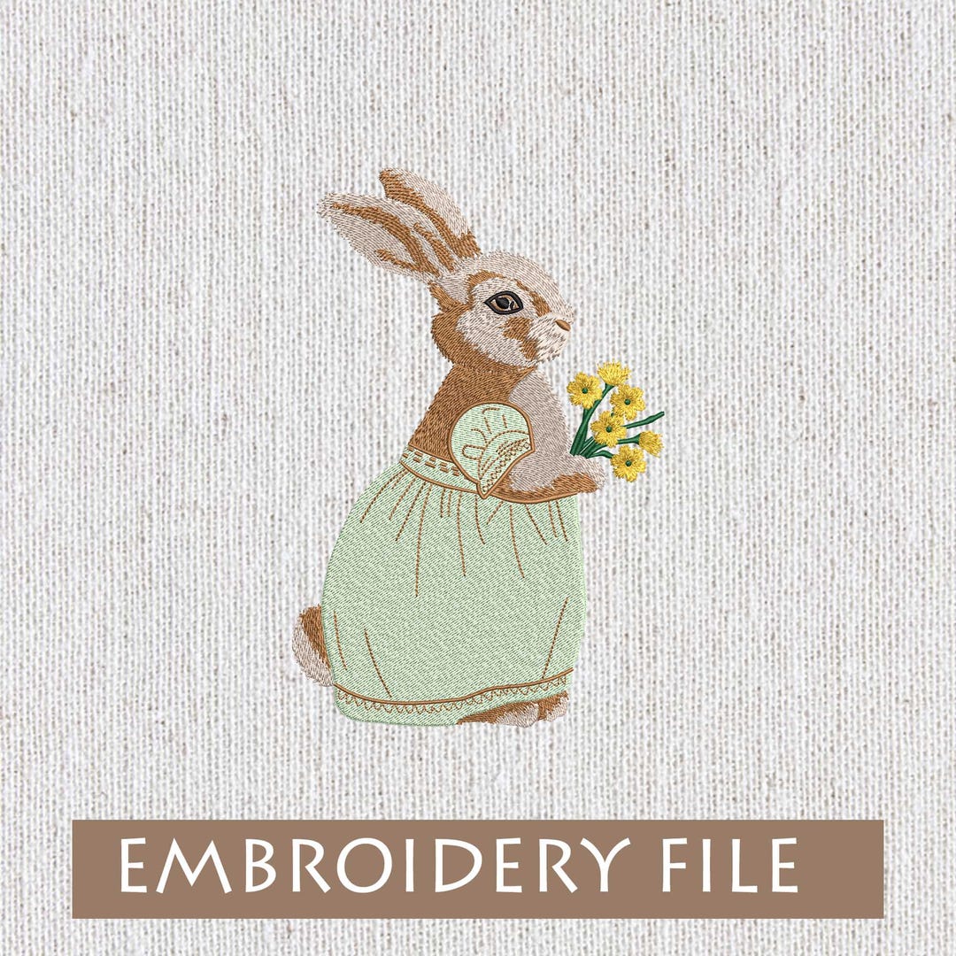 Vintage Bunny Embroidery, Rabbit With Flowers Design, Cute Easter ...