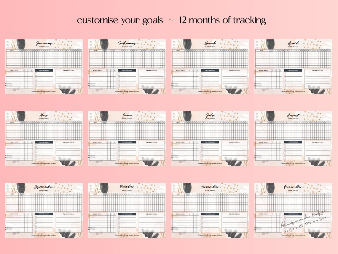 Aesthetic 12-month Daily Habit Tracker Printable Custom Goal-setting ...