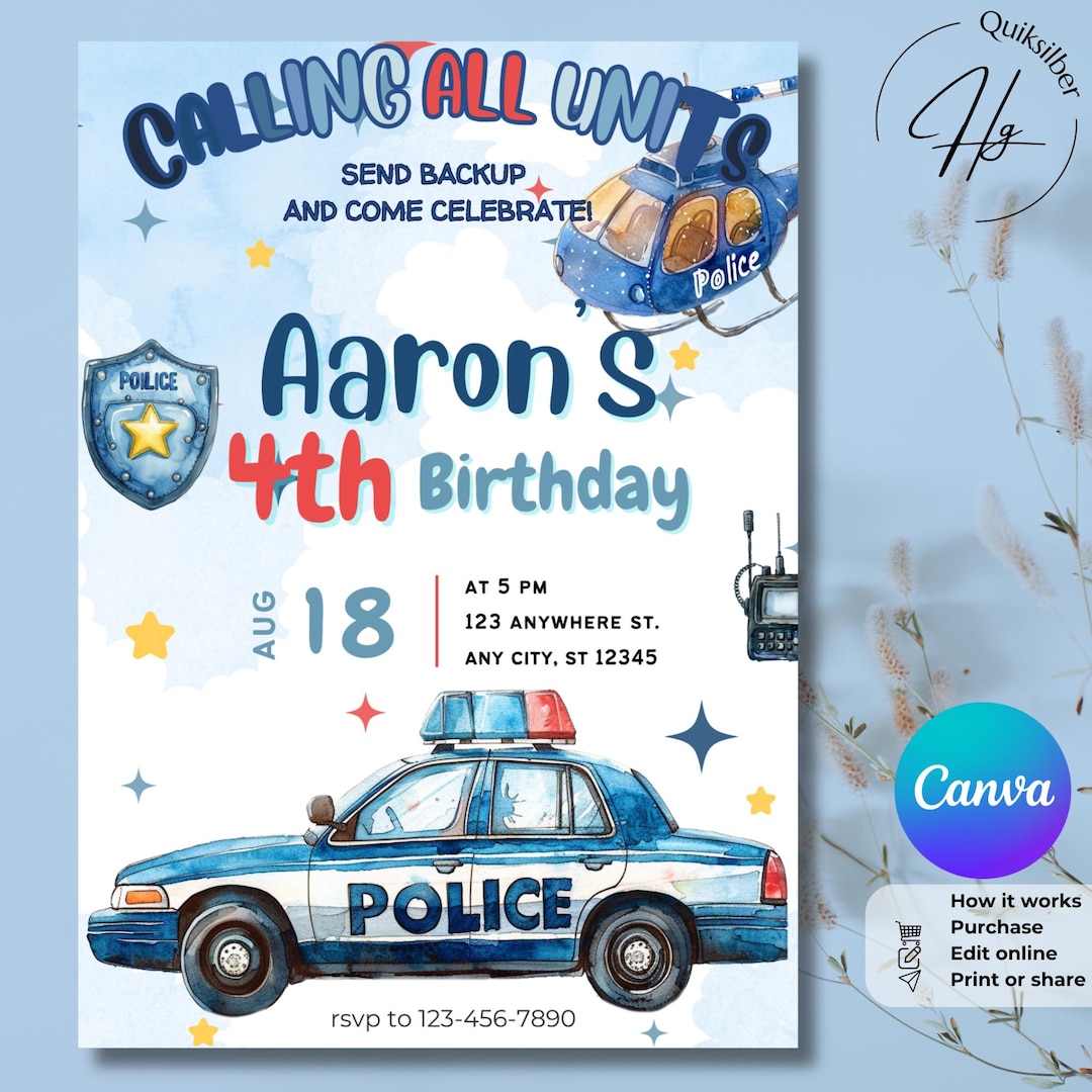 Editable Police Birthday Invitation Template | Police Officer Invite ...