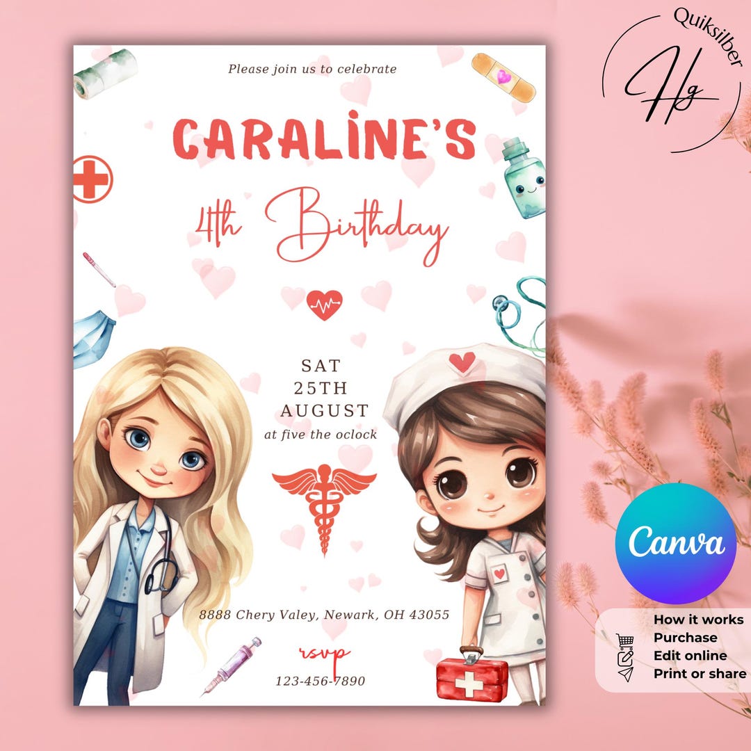Editable Doctor & Nurse Birthday Invitation | Medical Theme | Little ...