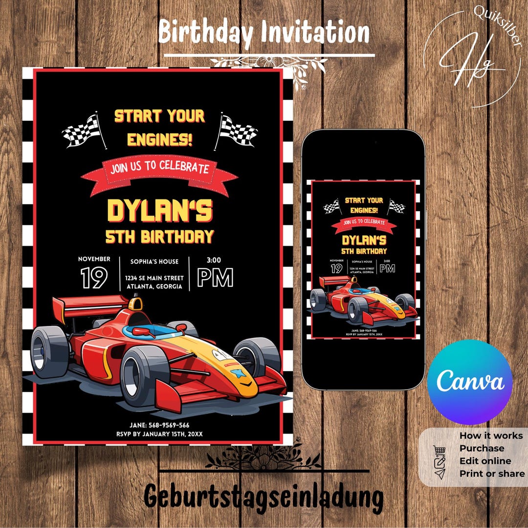 Editable Digital Birthday Invitation | F1 Racing Theme | Canva Template ...