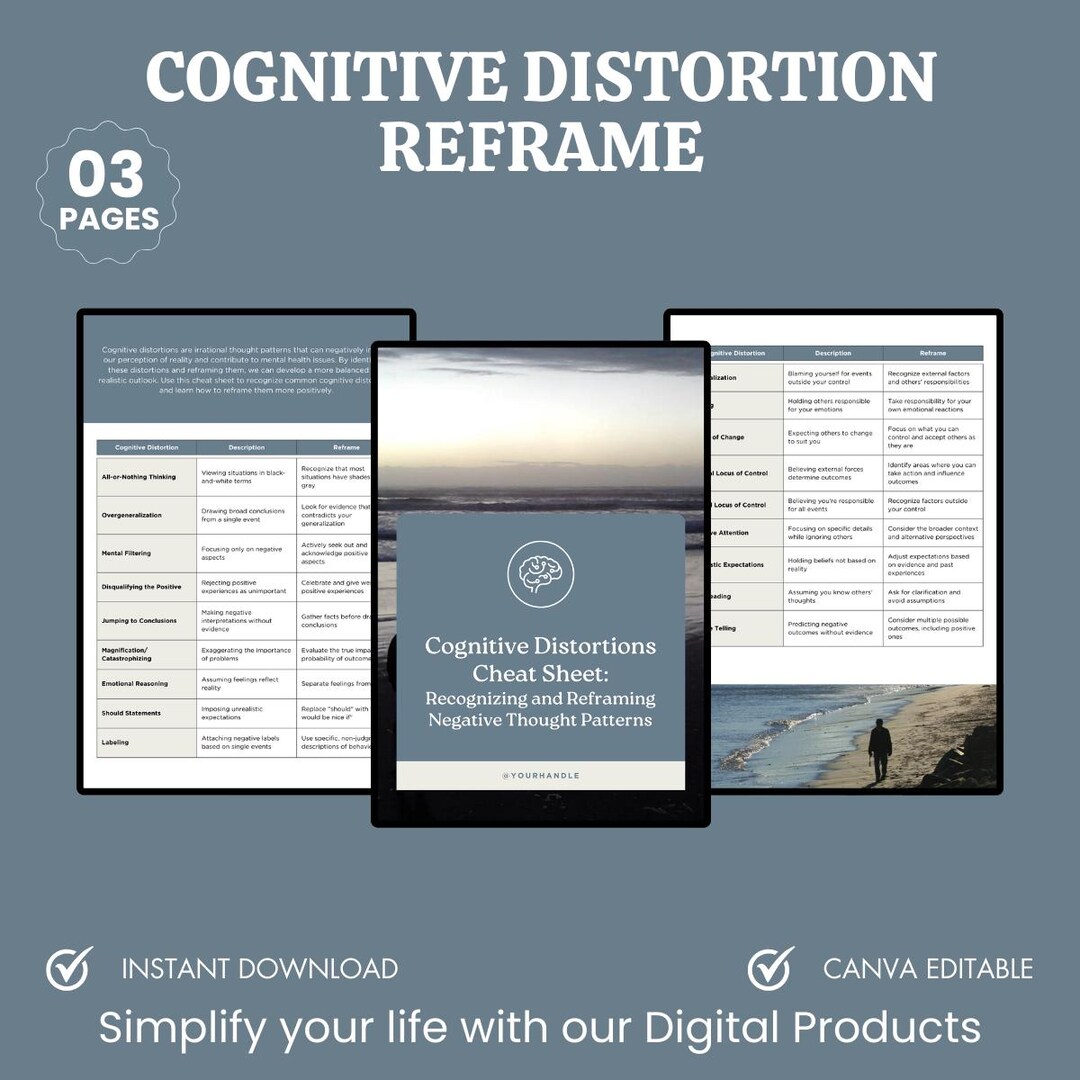 Cognitive Distortion Therapy Cheat Sheet, Reframing Thoughts, Cognitive ...