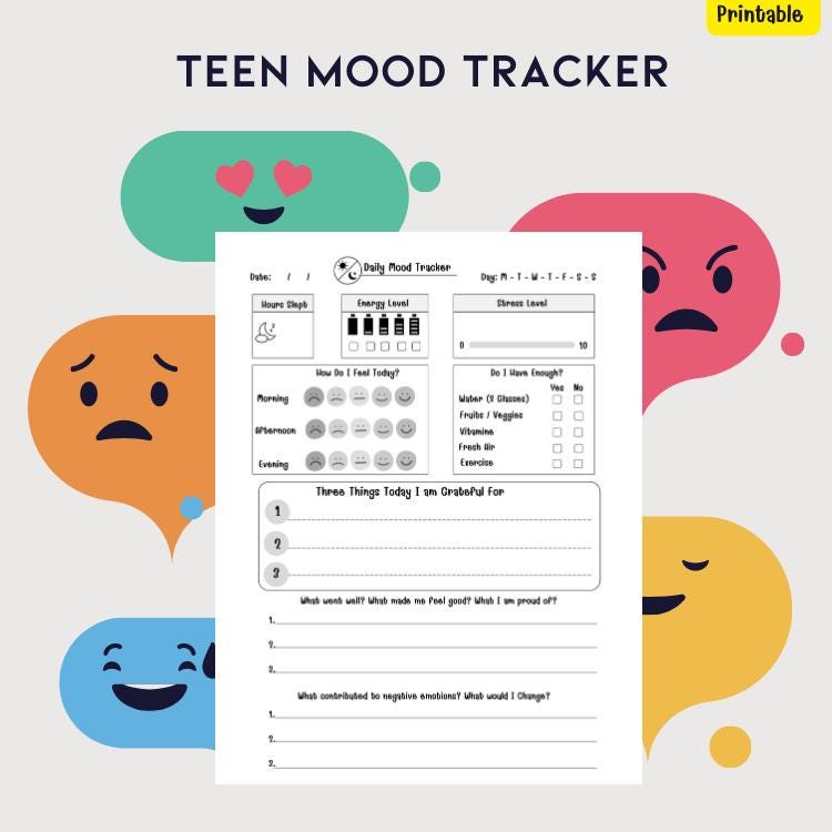 Printable Teen Mood Tracker & Journal Prompts: Daily Check-in for ...