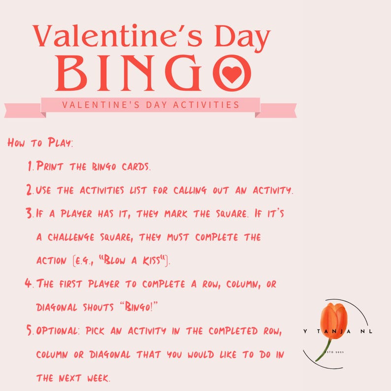 Valentine's Day Activities Bingo Cards - Etsy