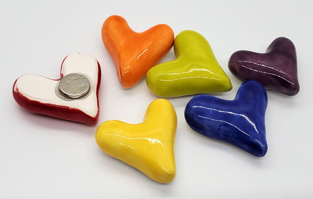 6 HEART Magnets - Hand Formed - Strong Magnets - Ceramic - Glazed in ...