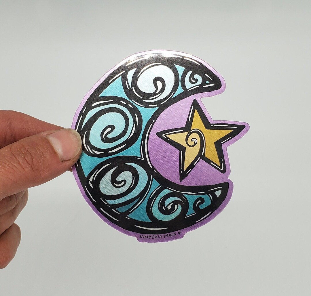 MOON and Star Vinyl ART STICKER Shiny Brushed Aluminum Fancy Decal ...