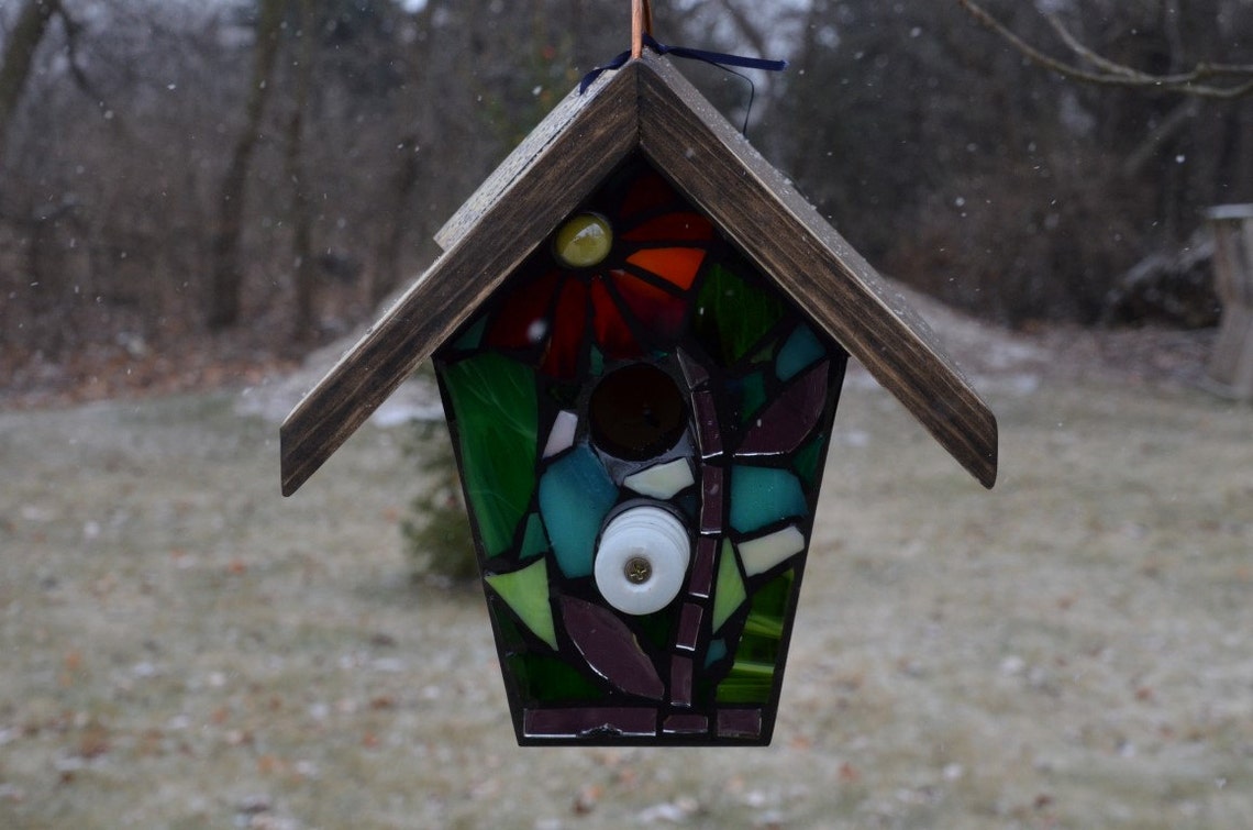 STAINED GLASS Mosaic Birdhouse With a RED Flower and Green Background ...