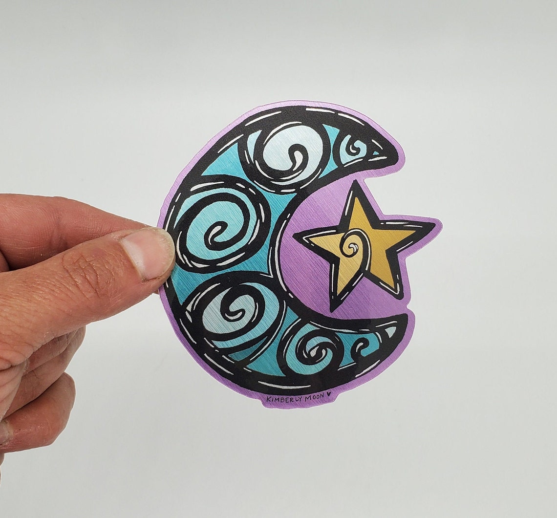 MOON and Star Vinyl ART STICKER Shiny Brushed Aluminum Fancy - Etsy