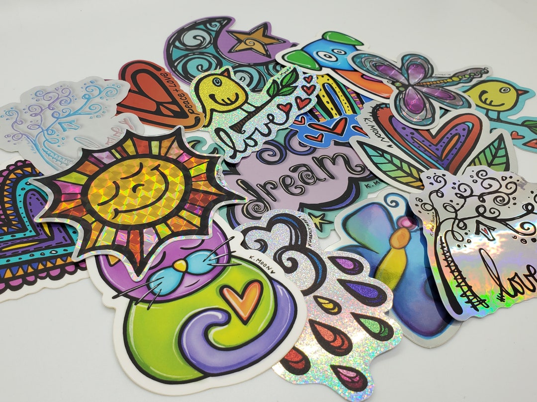 Pick 3 ART STICKERS, Vinyl, Hand Drawn, Decal Colorful Indoor Outdoor ...