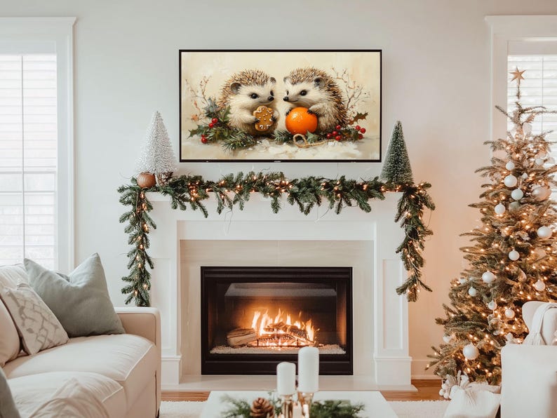 Vintage Hedgehog Christmas Frame TV Art, Cute Festive Winter Farmhouse ...