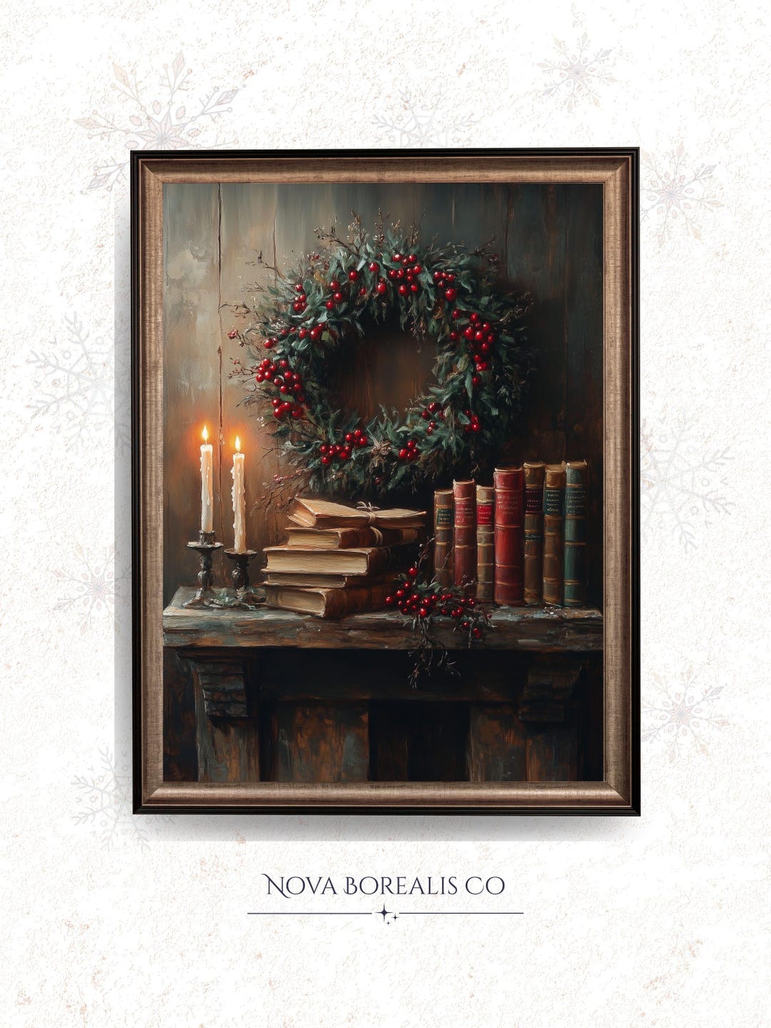 Moody Vintage Evergreen Wreath Still Life Print, Rustic Cozy Decor ...