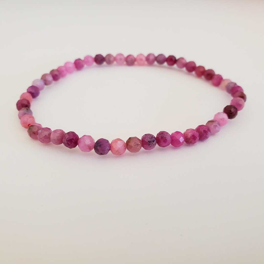 Pink Ruby Bracelet, Tiny Gemstone Stretch Bracelet, 4mm Pink Gem ...