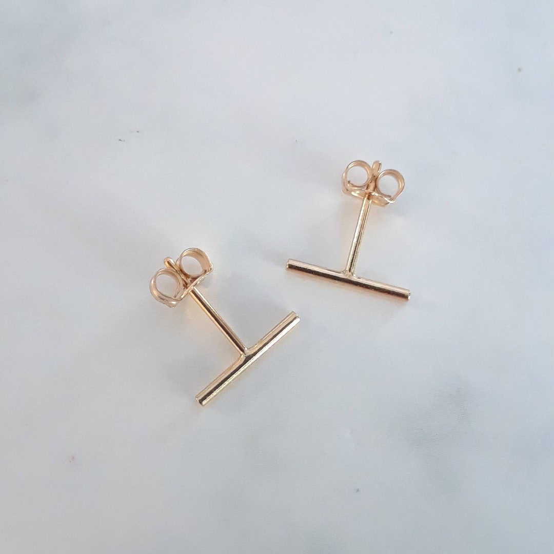 Gold Bar Stud Earrings, Thin Gold Earrings, Gold Staple, Mini Bar ...