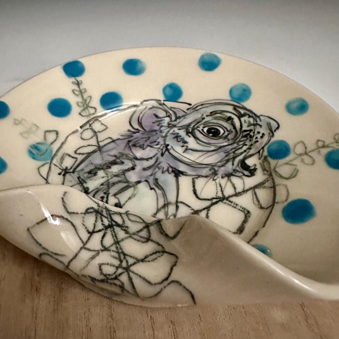 Pottery Stovetop Spoon Rest Ladel Rest Utensil Holder Bunny Yellow Dot ...