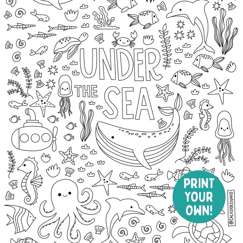 Under the Sea Ocean Life Coloring Page Poster Printable Bundle, Whale ...