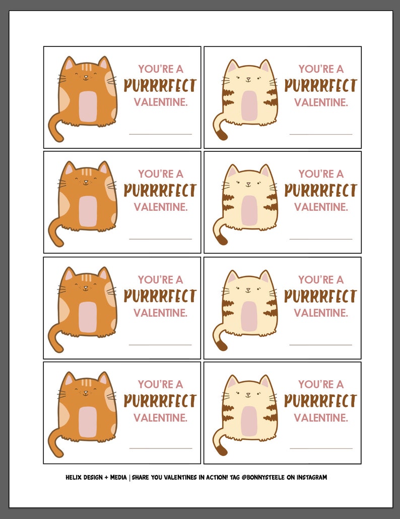 Cat Kitty Printable Valentine | Kids Valentine Class Valentine School ...