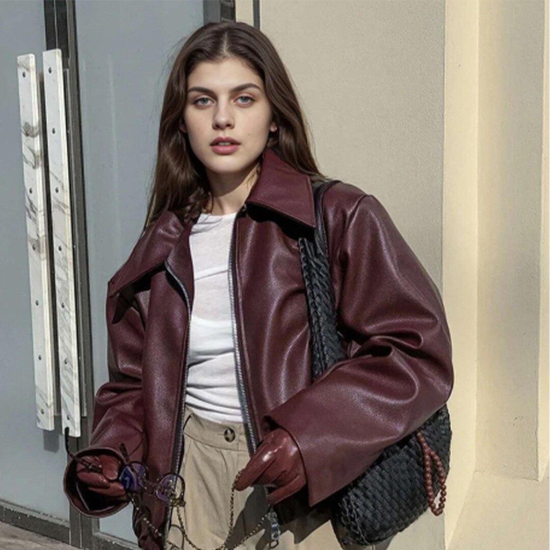 Women Classic Wine Red Leather Bomber Jacket, Oversized Straight Cut ...