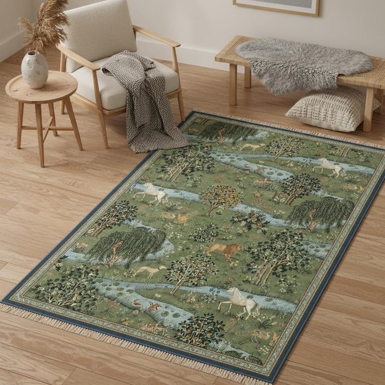 Medieval Garden Tapestry Rug With Horses and Lions Pastoral Forest ...