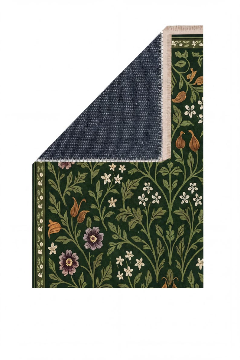 90's William Morris Style Floral Rug Deep Green | Washable Vintage ...