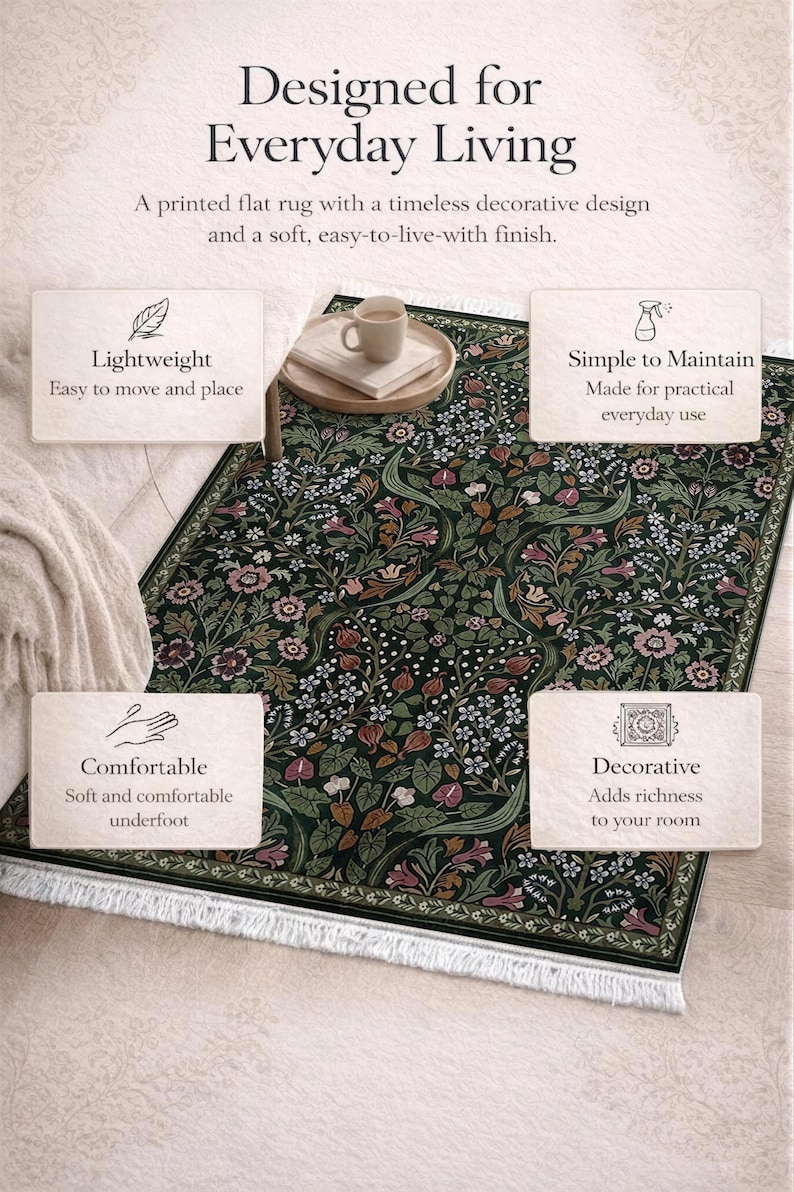 Vintage Ethnic Washable Rug With Green Plant and Floral Motifs William ...