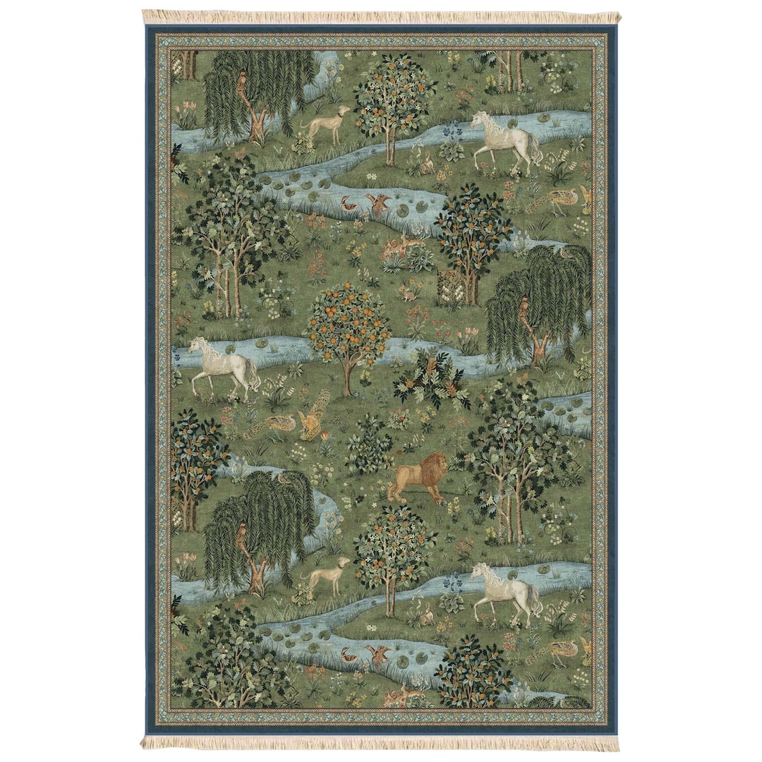 Medieval Garden Tapestry Rug With Horses and Lions Pastoral Forest ...