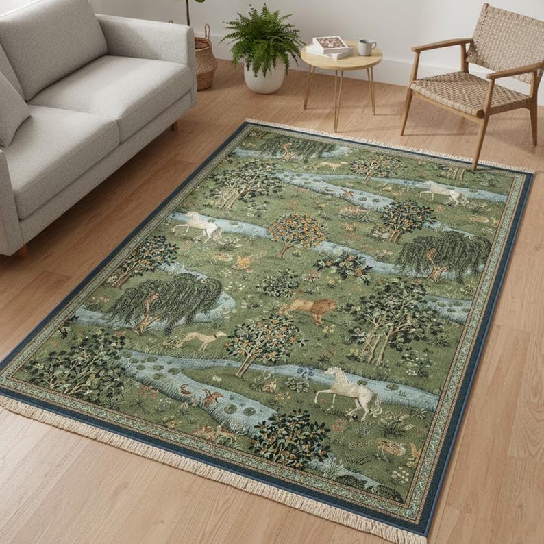 Medieval Garden Tapestry Rug With Horses and Lions Pastoral Forest ...