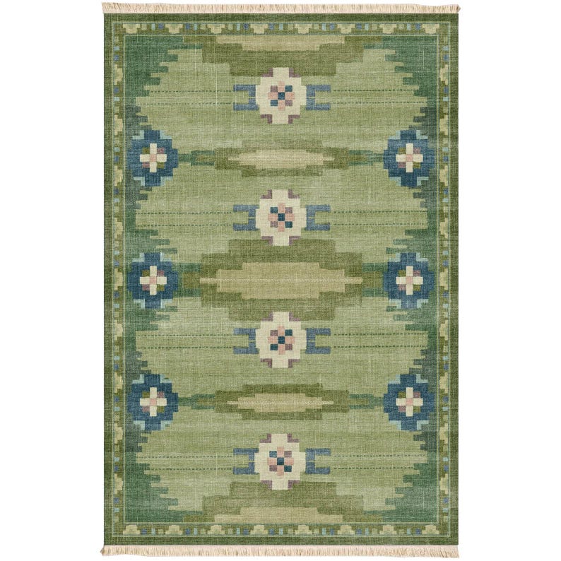 70s Inspired Green Vintage Washable Rug With Anatolian Kilim Motif ...
